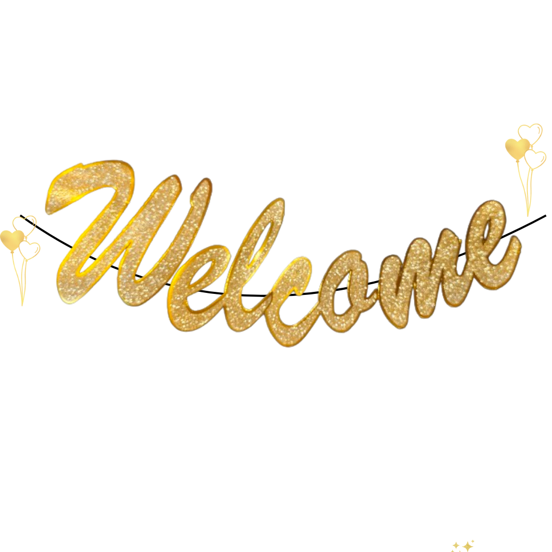Welcome Cursive Glitter Gold Flag Banner - 6FT - 1PC – Wanna Party