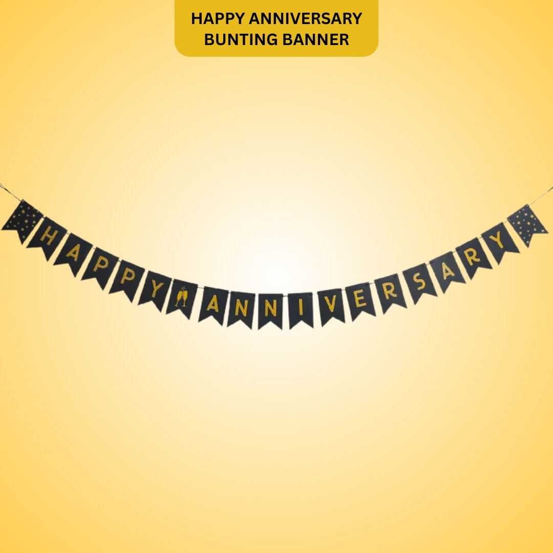 Happy Anniversary Black & Golden Triangular Bunting Banner - 9FT - 16P ...