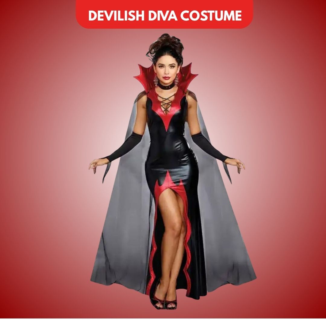 Devilish Diva Black & Red Stretchable Costume w/Cape, Gloves and Neck ...